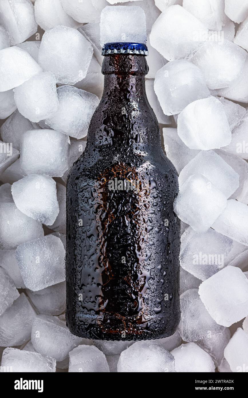 A cold bottle of beer chilling in a ring of ice cubes, condensation ...
