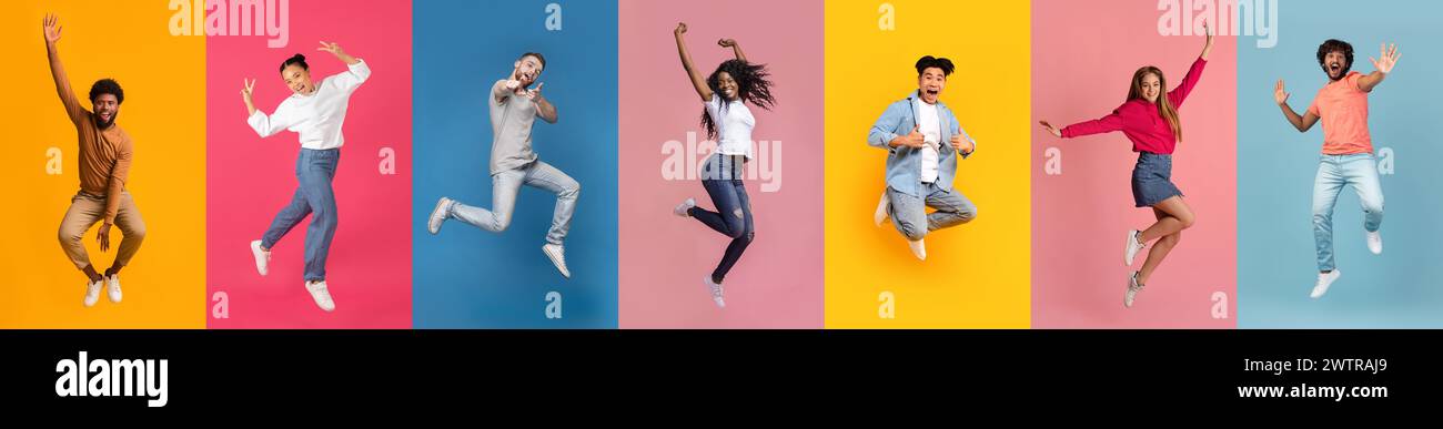 Group of excited young people mid-jump against colorful backgrounds ...