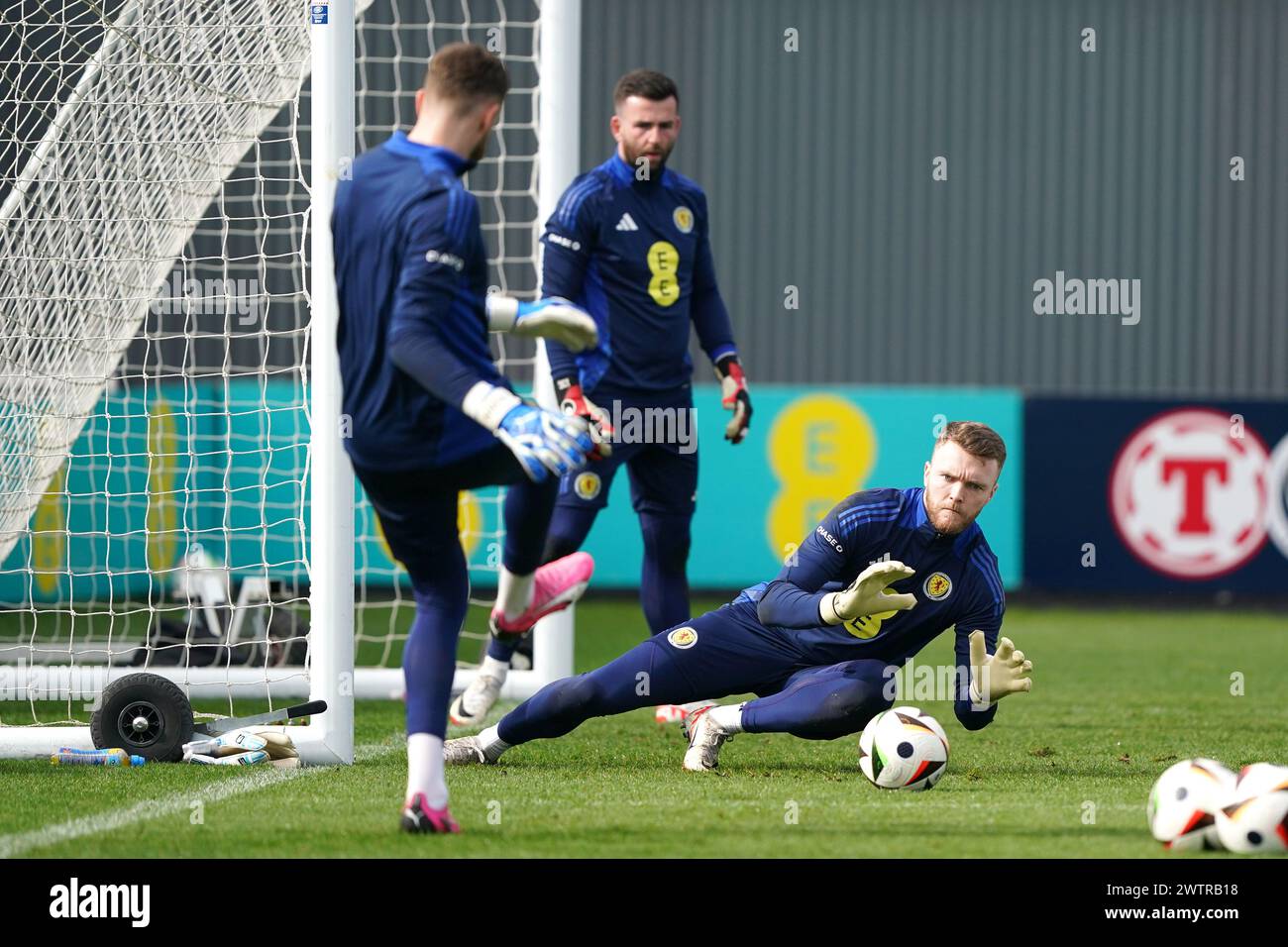 Scotland goalkeeper Zander Clark (right) during a training session at ...