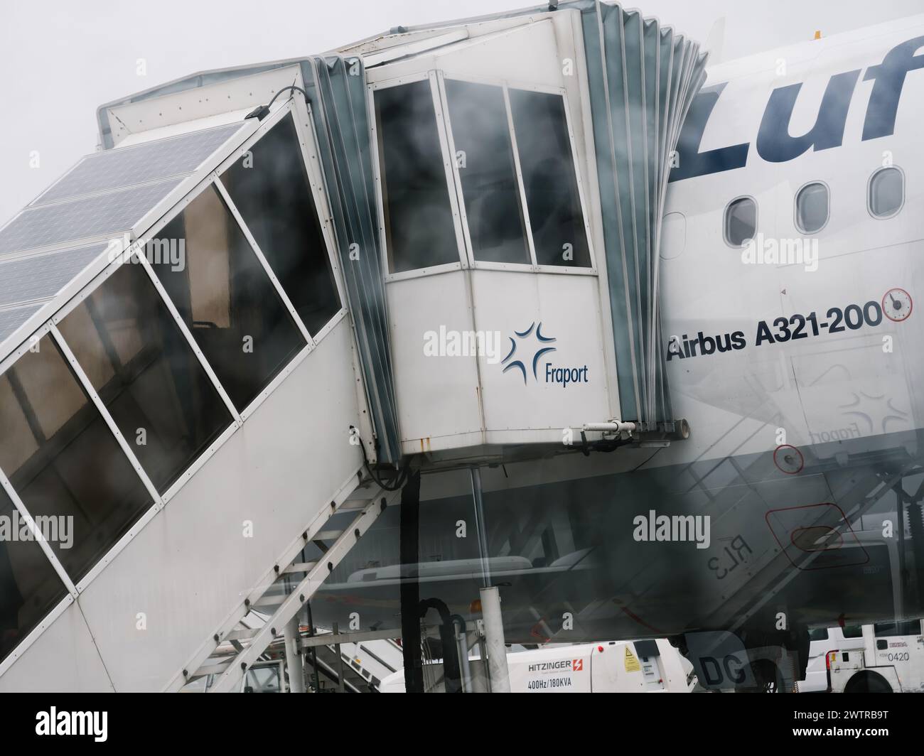 Frankfurt, germany - May 4, 2019: A jet bridge is docked to the door of ...