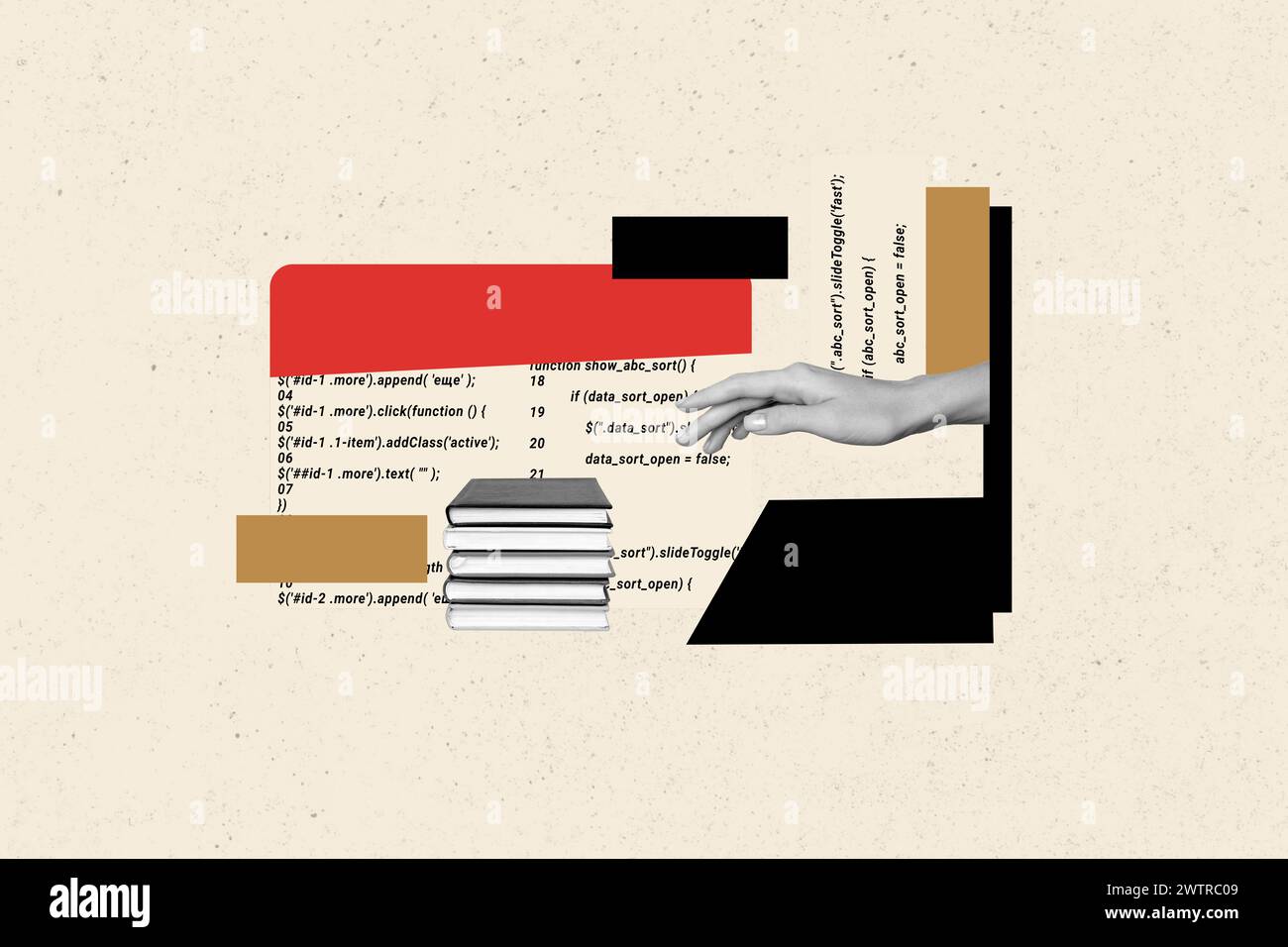 Creative trend collage of hand take education read book pile programmer ...