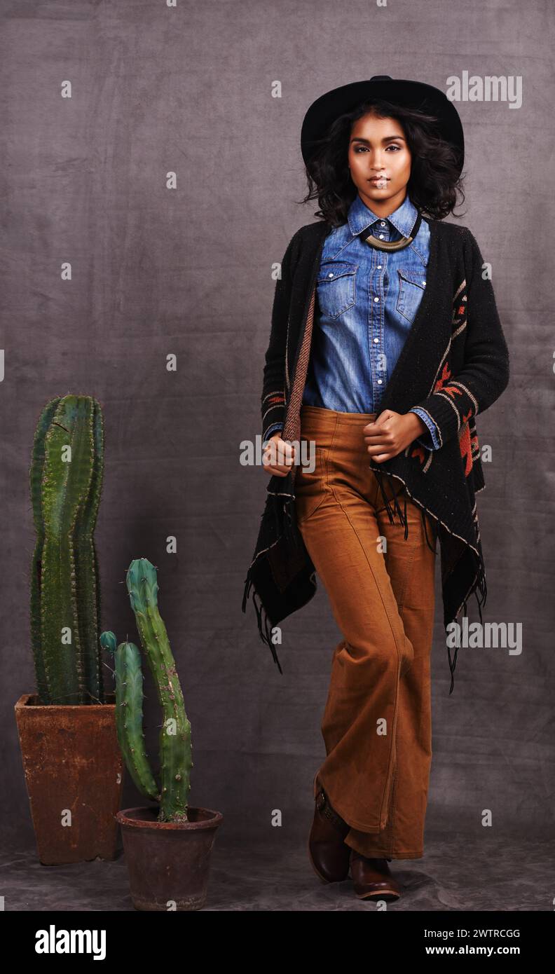 Cactus, fashion or woman in cowgirl, portrait, wild west culture and ...