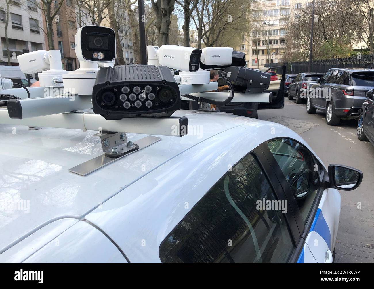 Paris, France. 16th Mar, 2024. Cameras on the roof of a scan car are ...