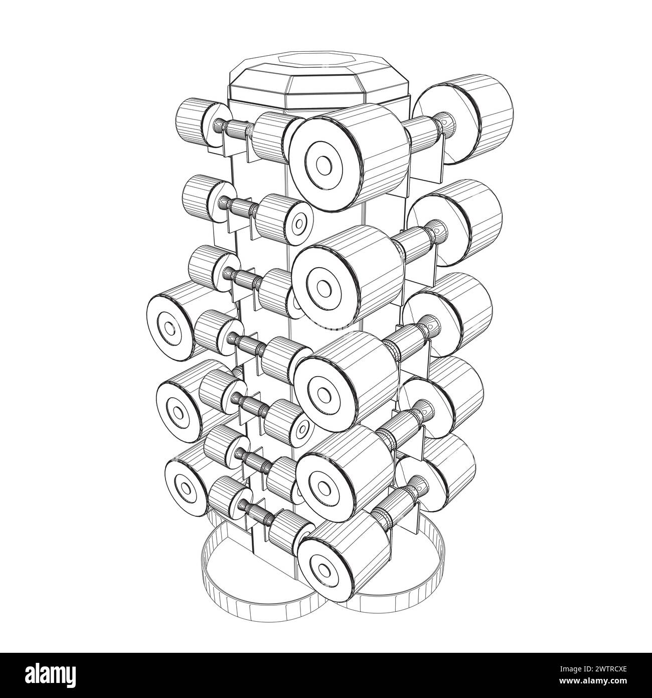 Outline of a set of dumbbells of different sizes placed on a rack. Set ...