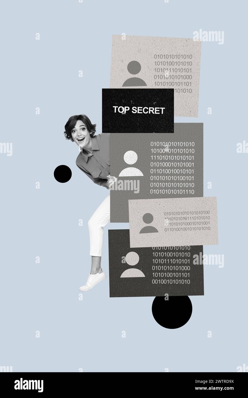 Vertical creative poster young girl hiding behind top secret profile ...
