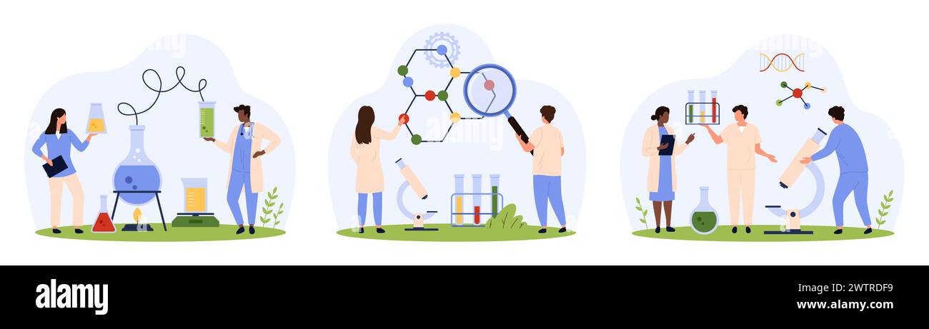 Chemical laboratory research set. Tiny people doing scientific ...
