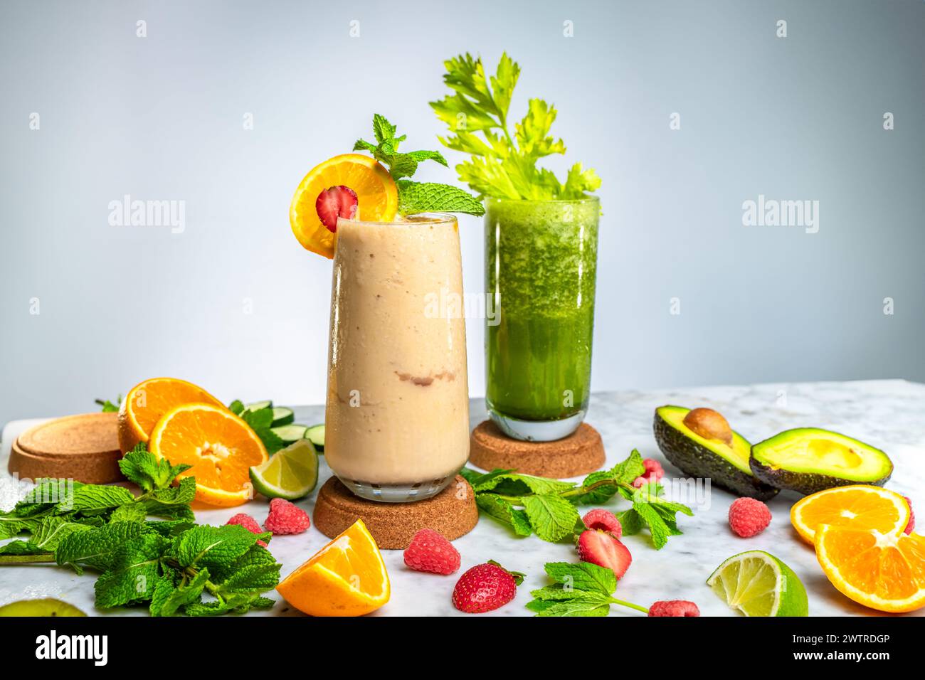 Assortment of tropical beverages and fresh fruits on display Stock ...