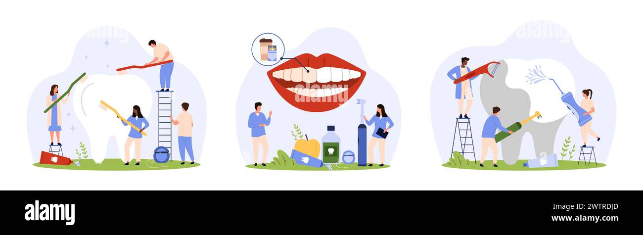 Teeth whitening in dental clinic and home hygiene set. Tiny people ...