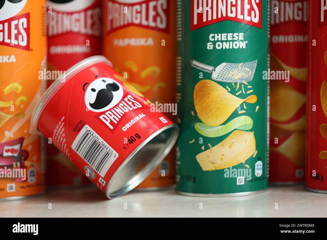 KYIV, UKRAINE - FEBRUARY 27, 2024 Pringles original potato chips on ...