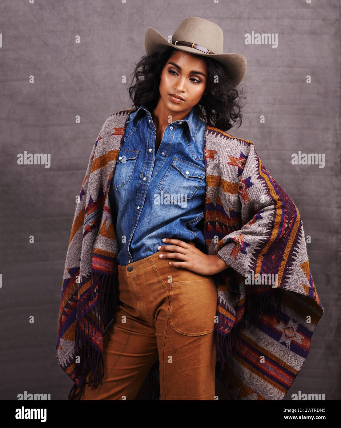 Culture, cowgirl or woman thinking in studio, wild west and cool ...