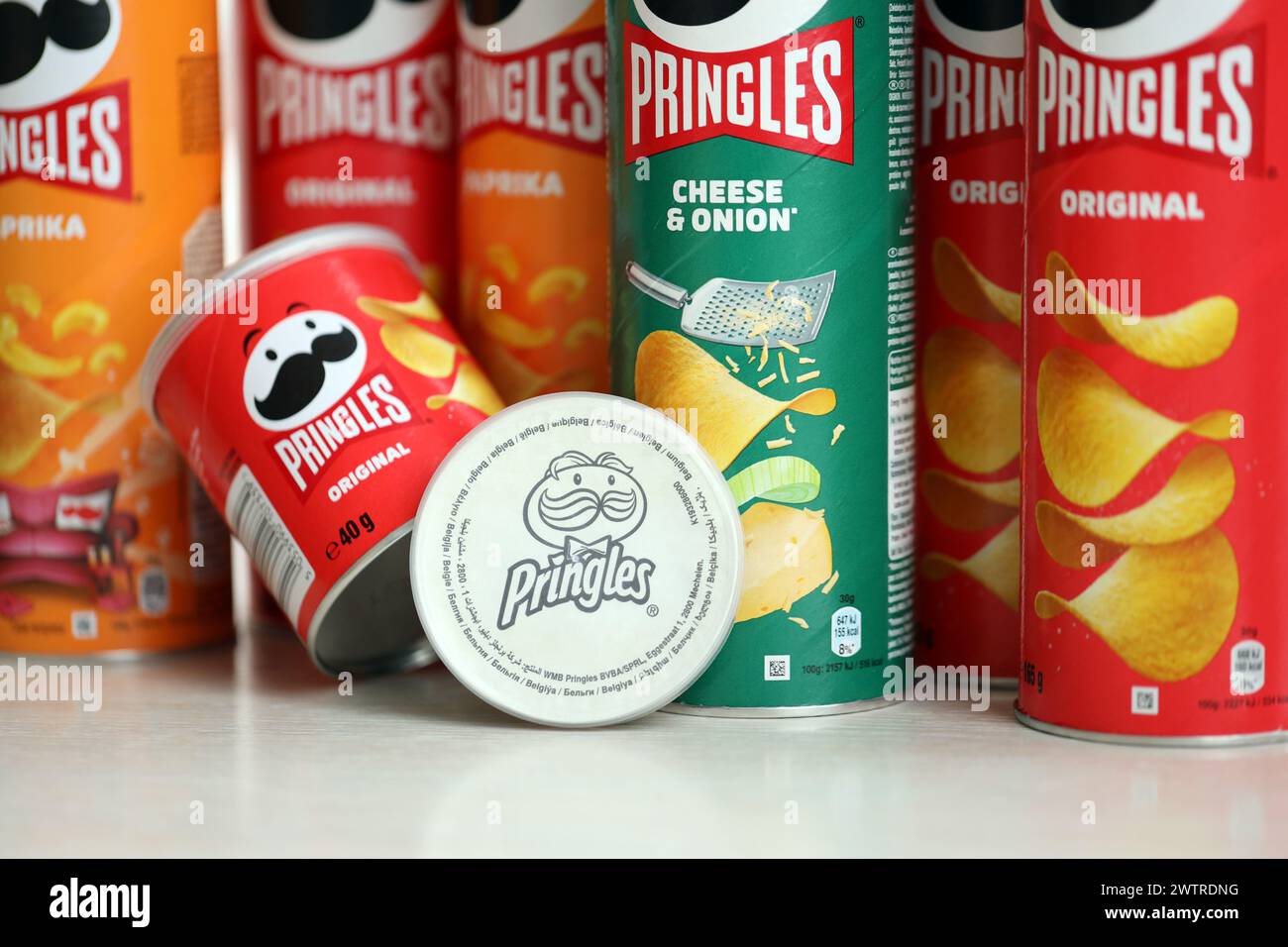 KYIV, UKRAINE - FEBRUARY 27, 2024 Pringles original potato chips on ...