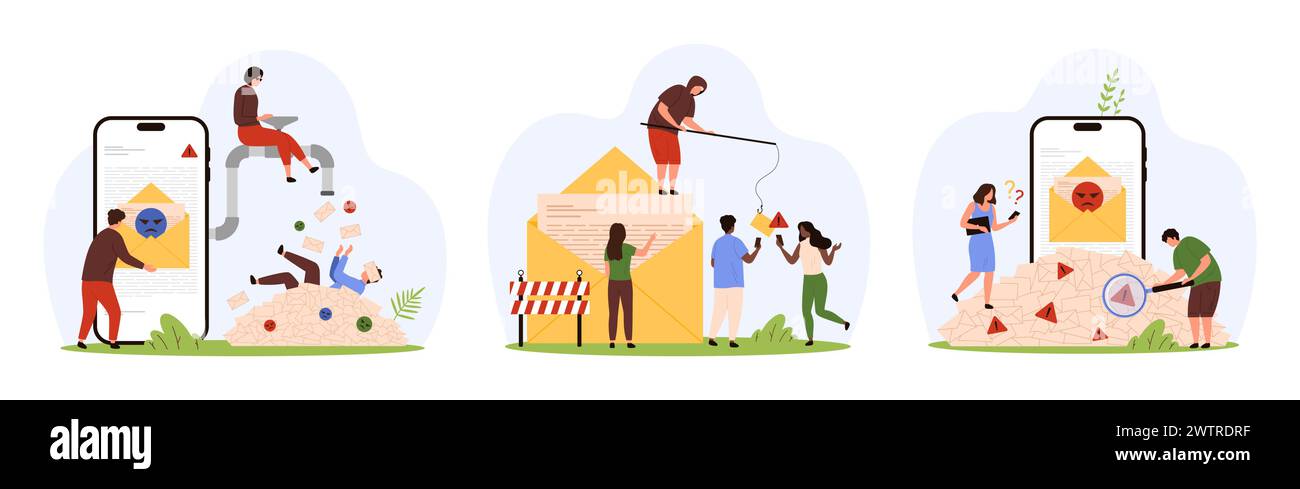 Spam overload, warning notification in mailbox mobile app, threat of phishing and fraud set ...