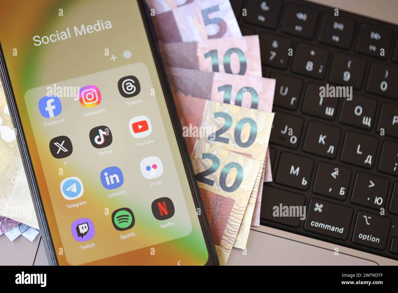 KYIV, UKRAINE - FEBRUARY 28, 2024 Social Media icons group on Galaxy ...