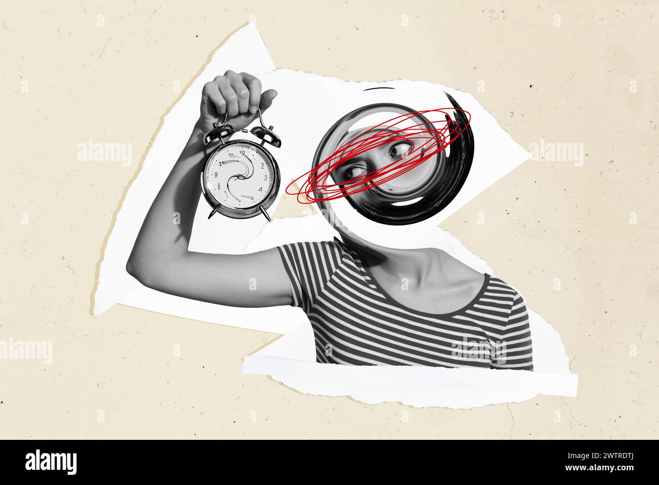 Creative photo collage young tired girl sleepy awakening morning alarm ...