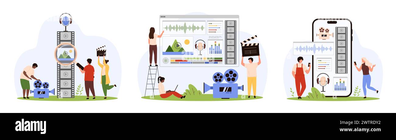 Video editor software and mobile app set. Tiny people edit timeline of ...