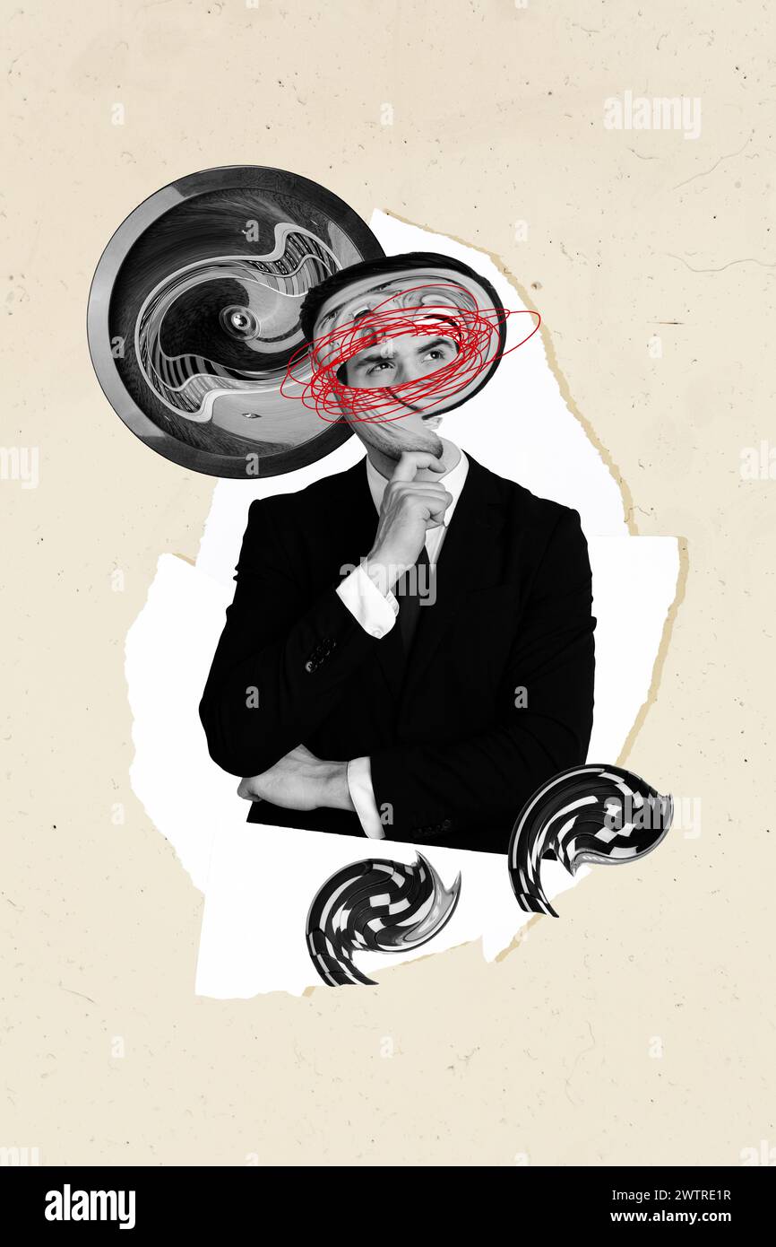Vertical creative magazine collage of young puzzled businessman think ...