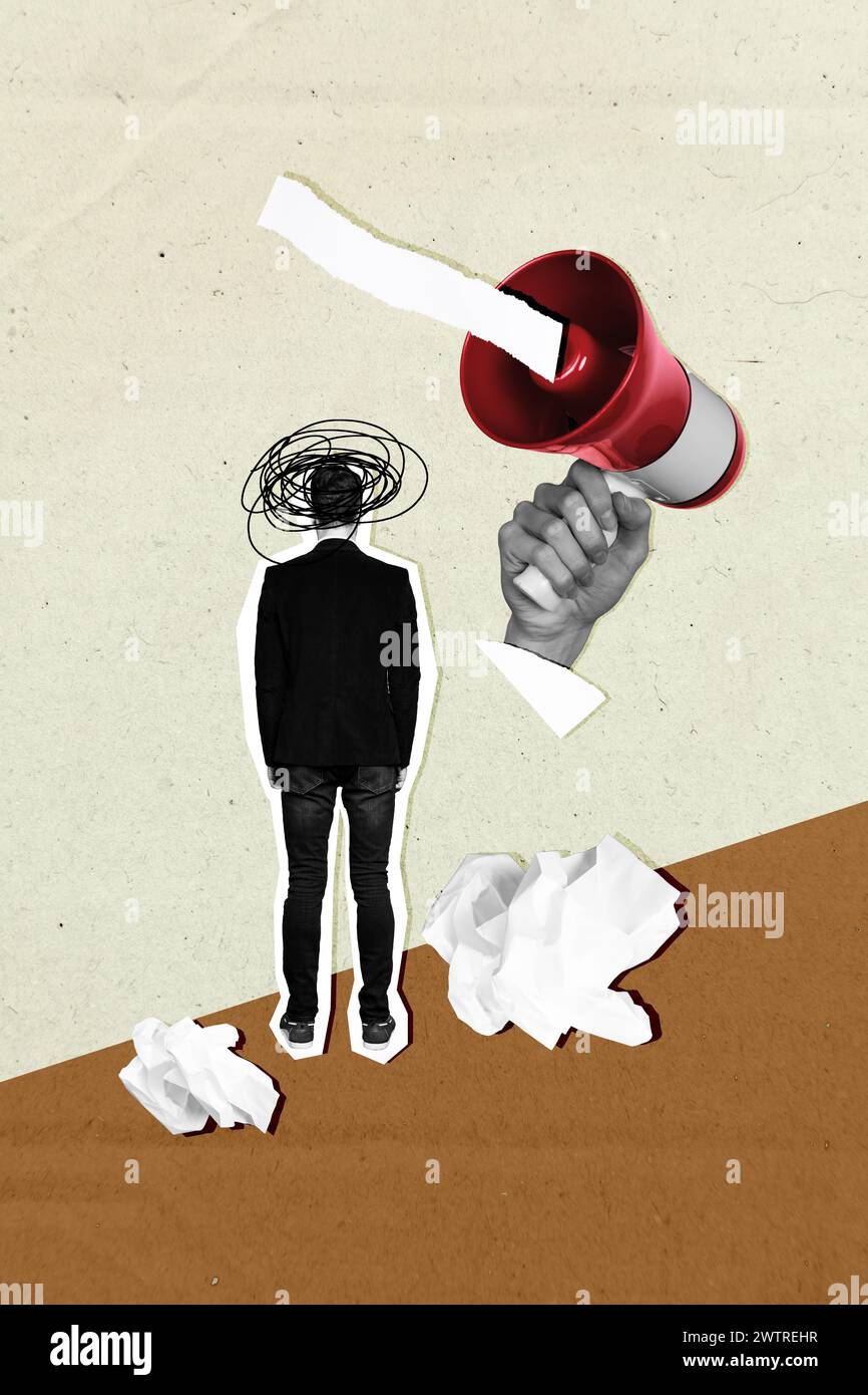 Vertical collage standing businessman backwards anxiety depression ...