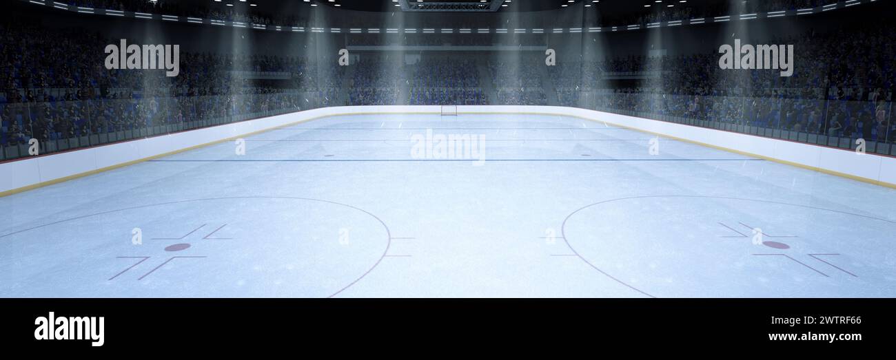 3d render of empty ice hockey rink with illuminated surroundings and ...