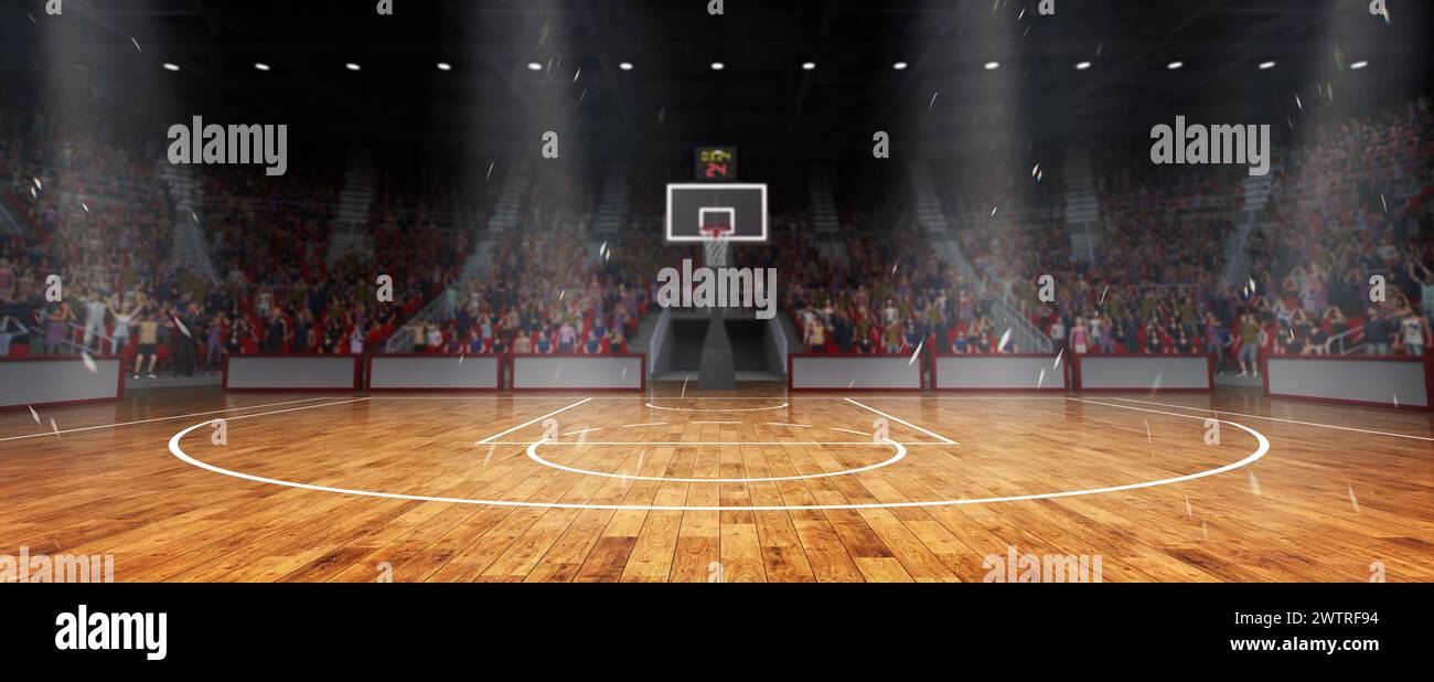 Horizontal flyer, poster with empty basketball court. Sport arena. 3d ...