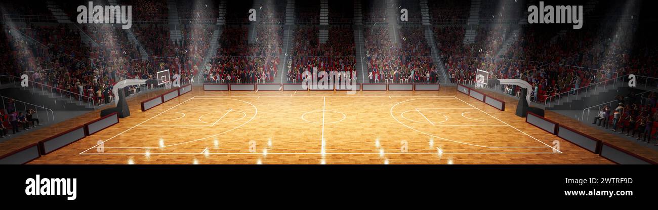 Horizontal flyer, poster with empty basketball court. Sport arena. 3d ...