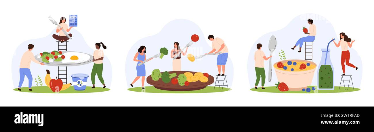 Healthy breakfast food set. Tiny people count calories of morning plate ...