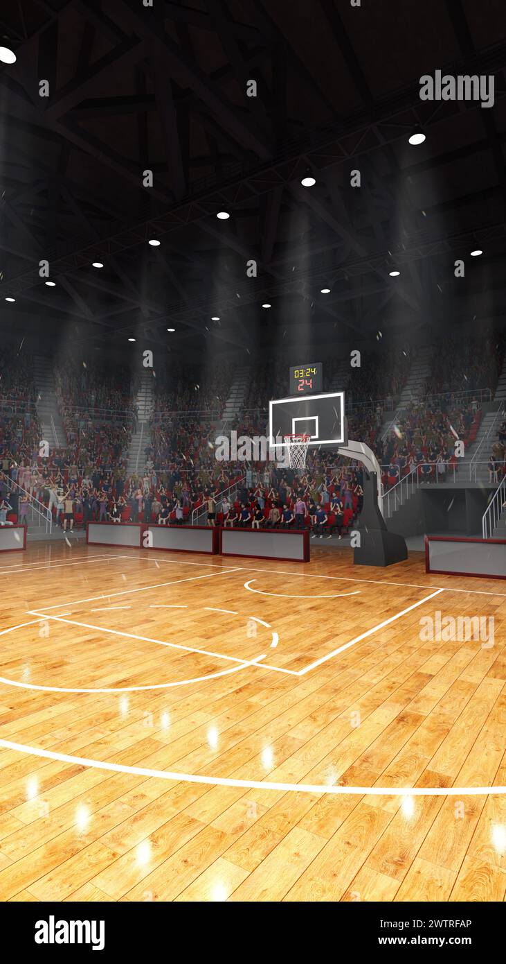 Vertical flyer, poster with empty basketball court. Sport arena. 3d ...