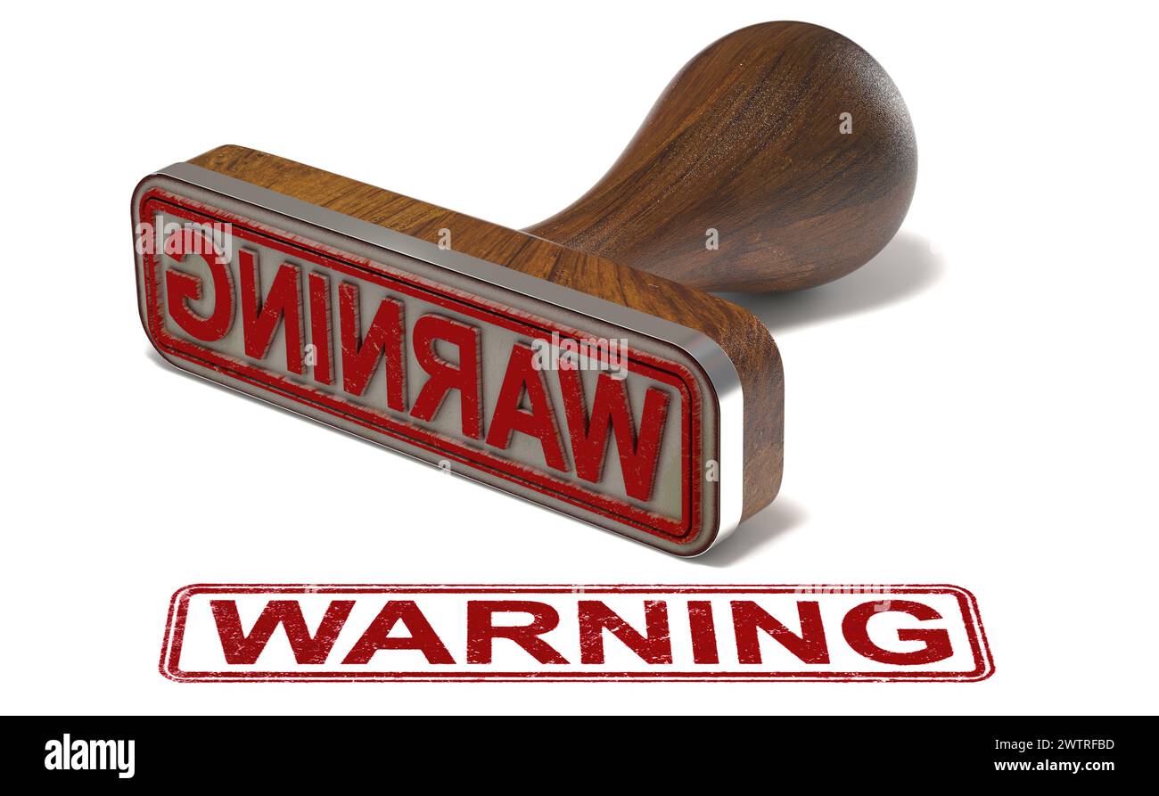3d illustration of a rubber stamp with the word warning printed over ...
