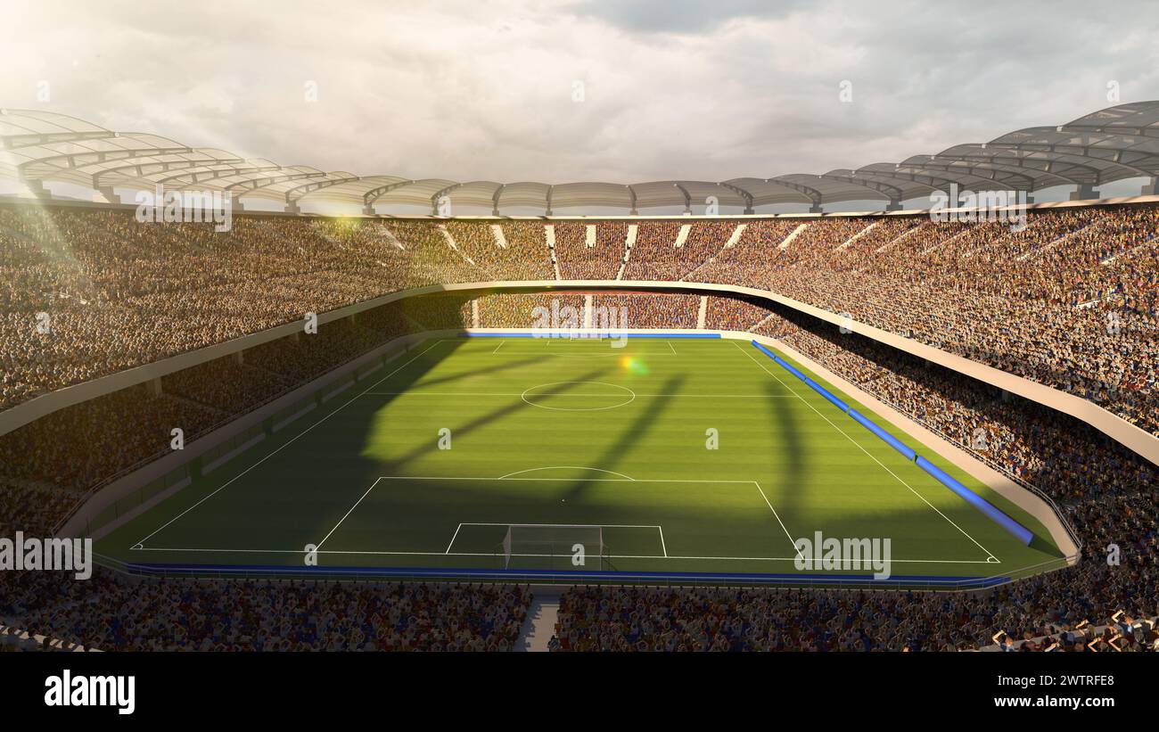 Aerial view of empty soccer football arena stadium with grass field. 3D ...