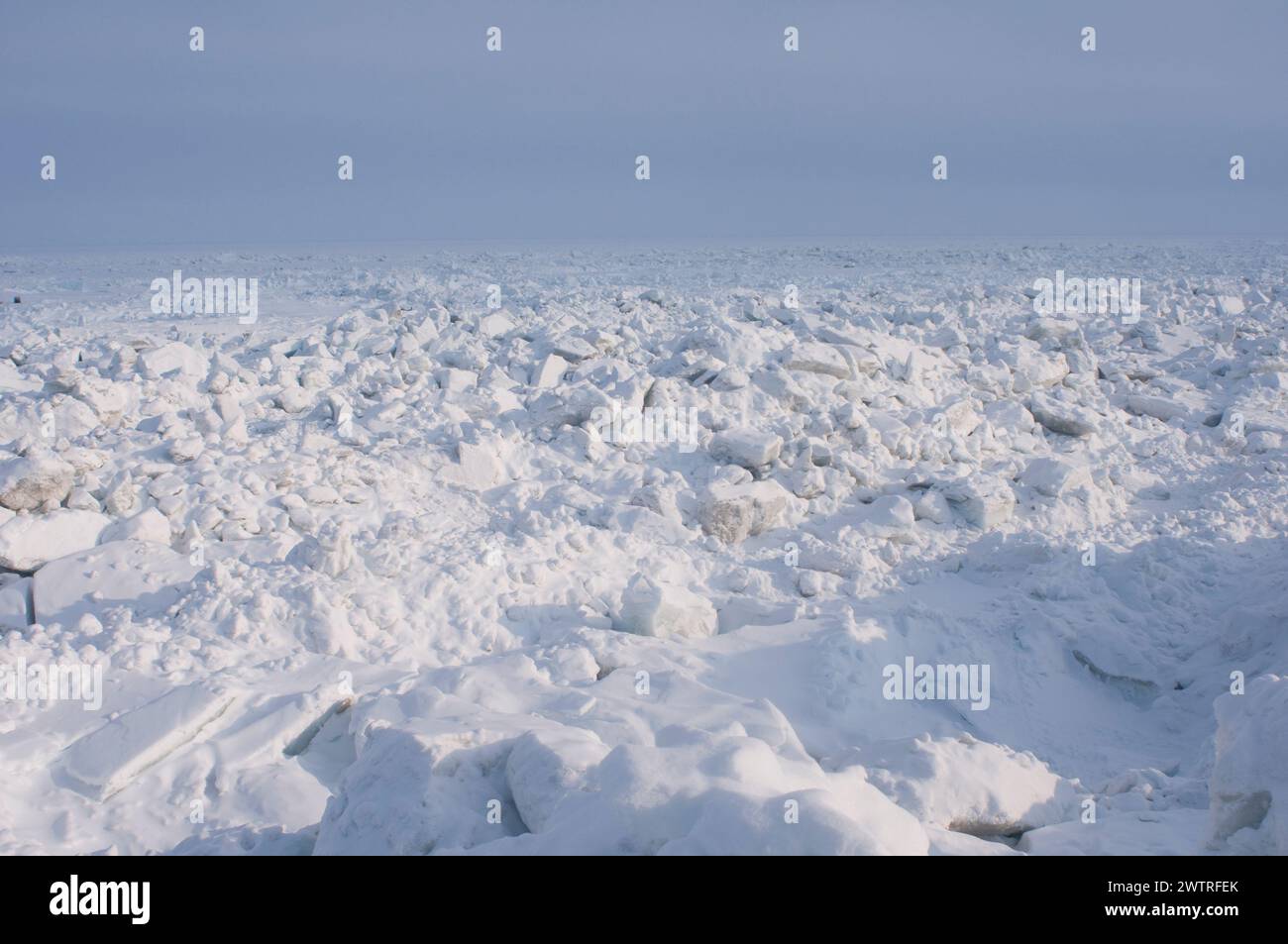 Seascape of rough pack ice over the Chukchi sea in springtime, off ...