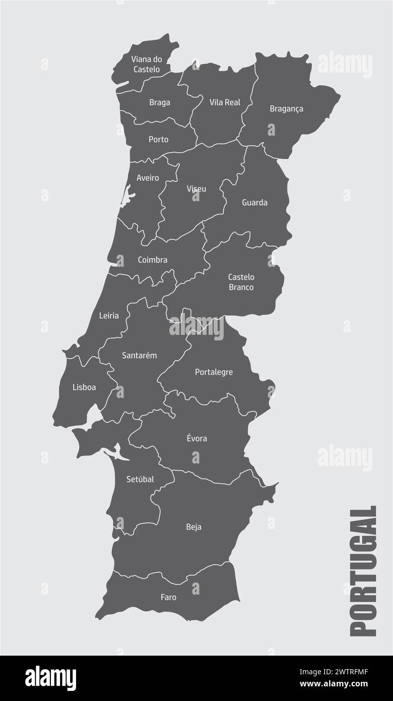 The administrative map of Portugal isolated on gray background Stock ...