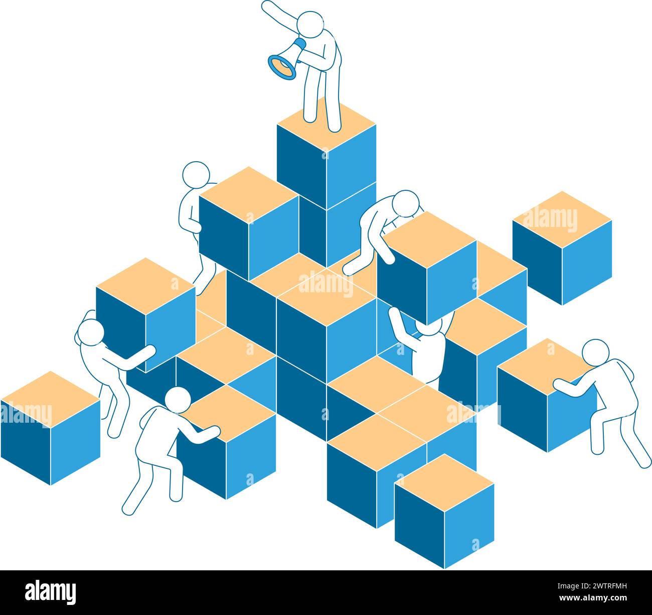 Isometric Team Collaboration on Blue Block Structure Stock Vector Image ...