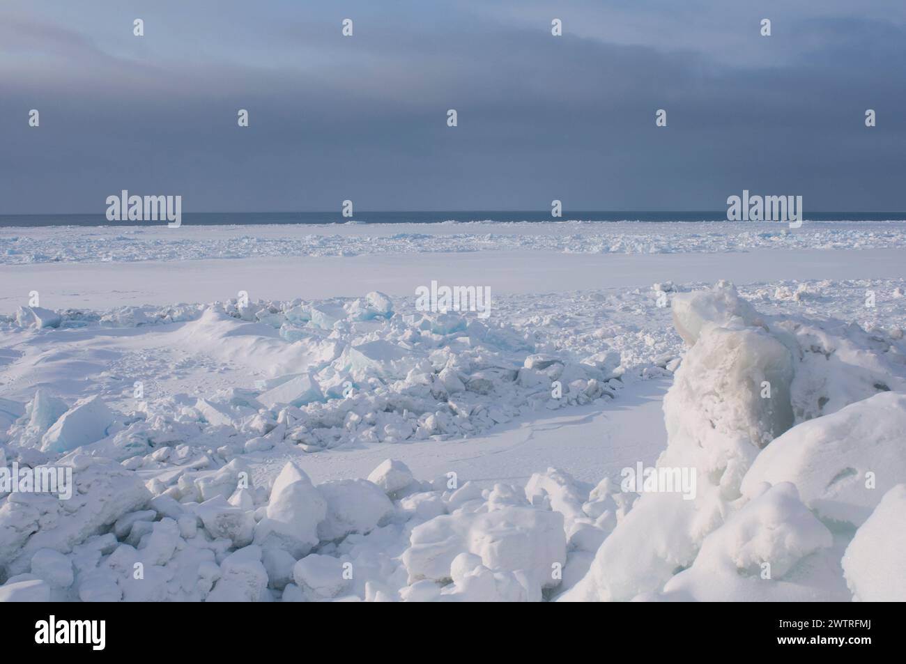 Seascape of rough pack ice over the Chukchi sea in springtime, off ...