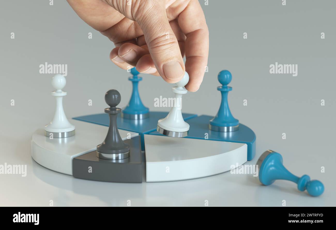 Hand playing with chess pawns over a pie chart. Concept to illustrate ...