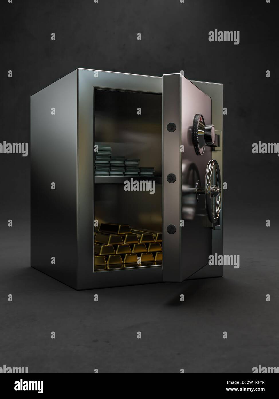 3D rendering of unlocked strongbox with gold bars and pile of US dollar ...