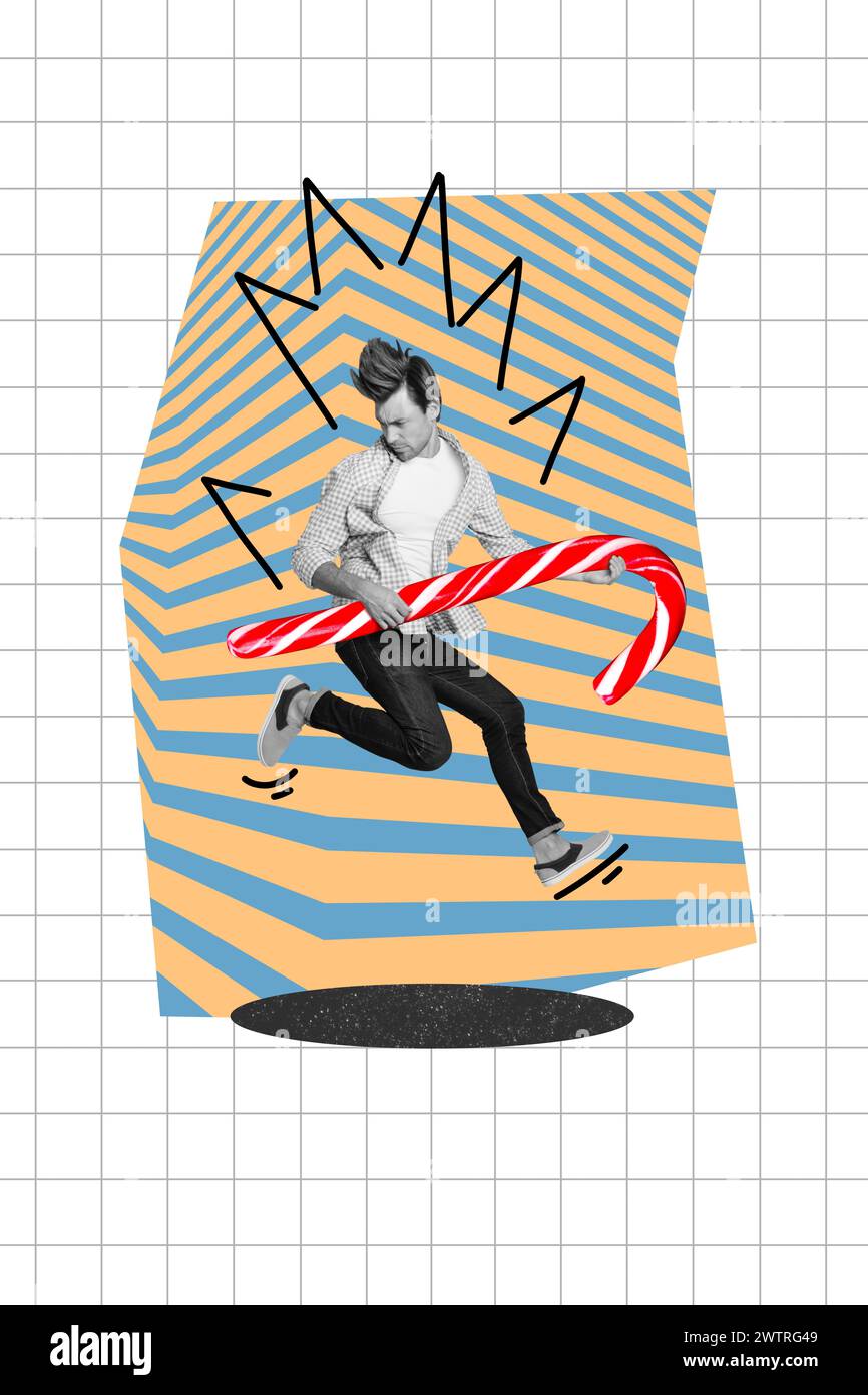 Vertical creative collage image of funny man jump hold big peppermint ...