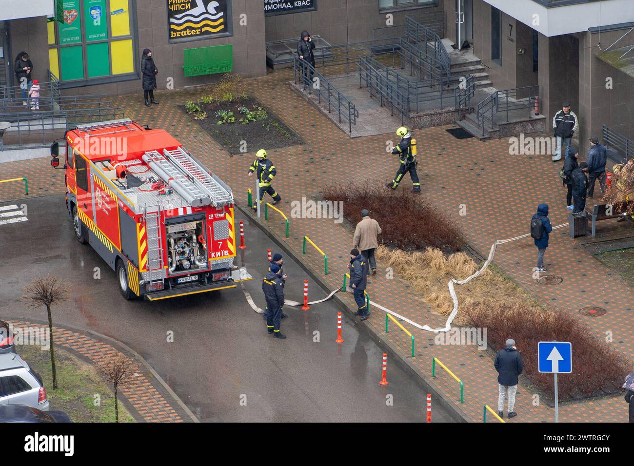 A fire truck on an emergency call to extinguish a fire. Ukraine, Kyiv ...