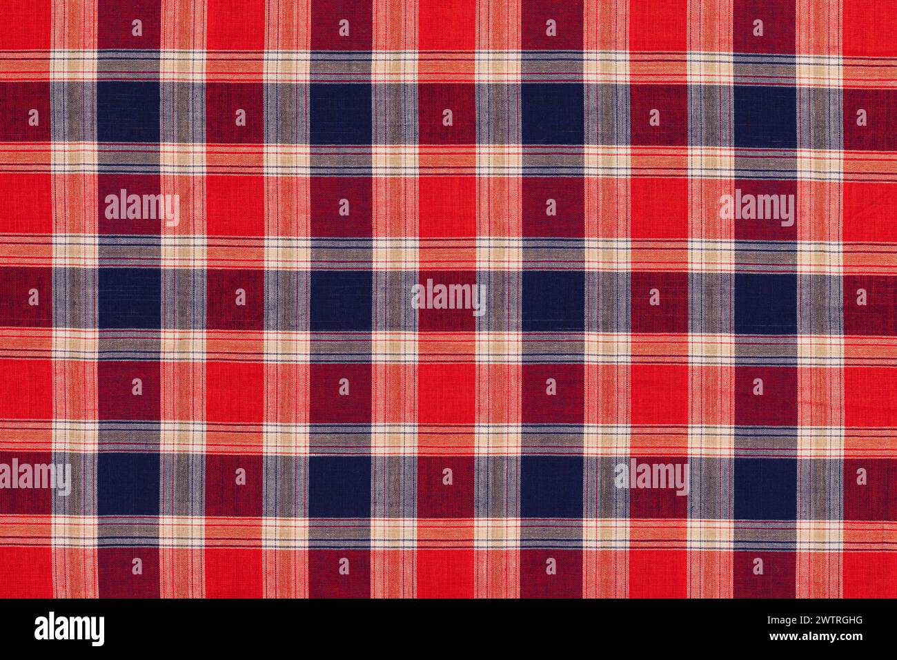 Close-up view of a traditional tartan fabric with a red and blue color ...