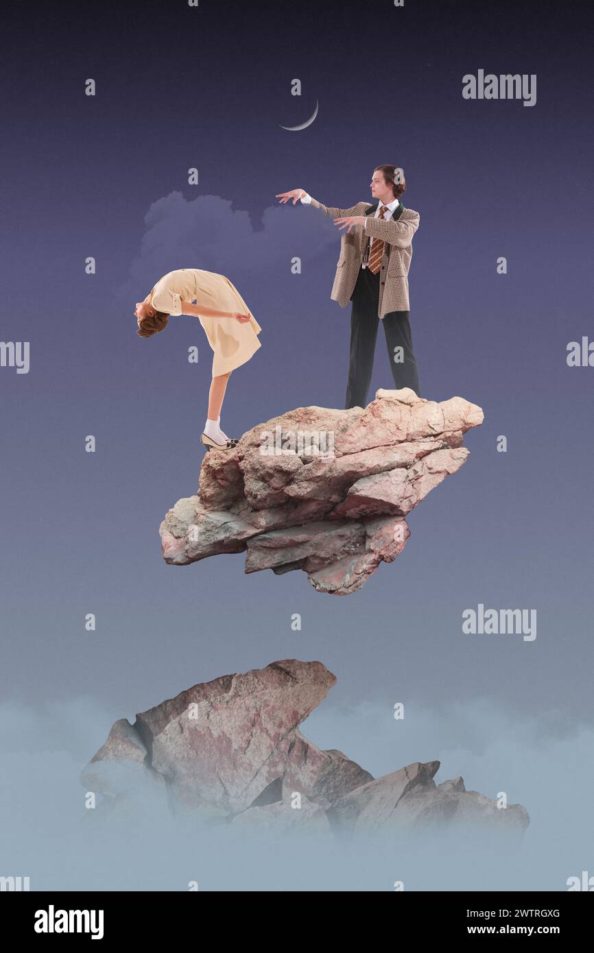 Man, magician hypnotizing woman standing on levitating rock under new ...