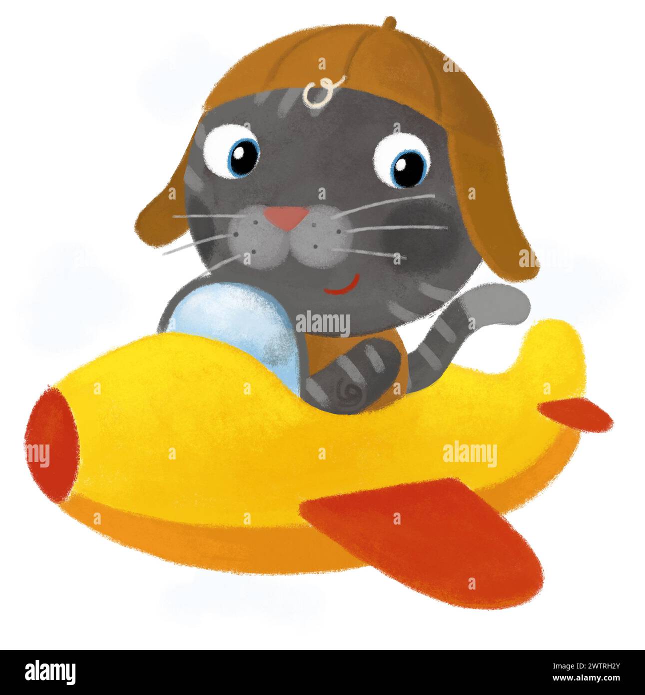 cartoon scene with pilot cat flying in plane having fun illustration ...