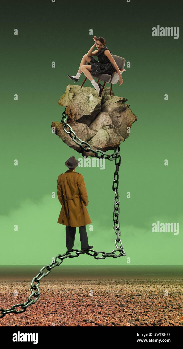 Woman seated atop rock chained to the ground, man below looking up ...