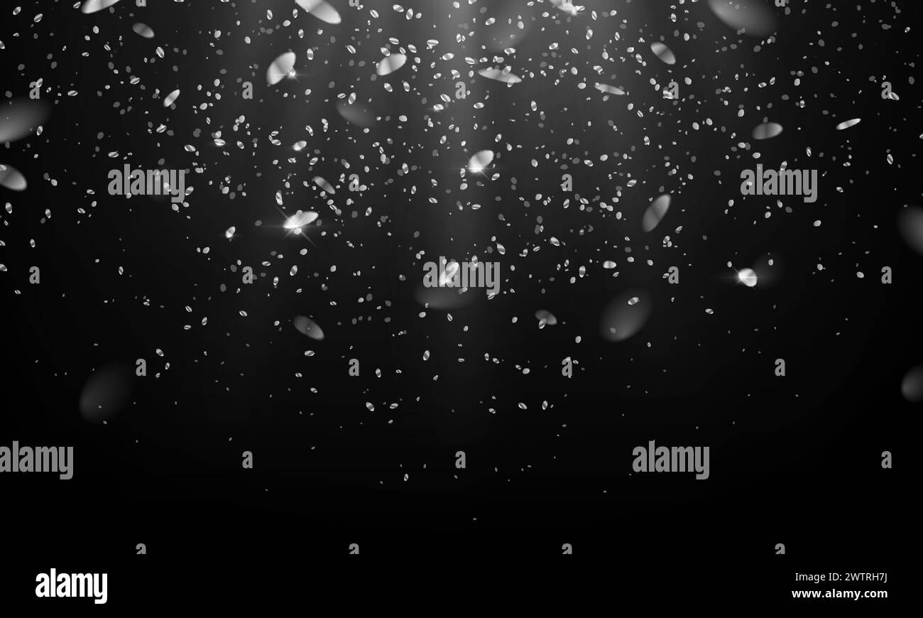 Falling silver glitter rain and light rays realistic vector illustration. Glowing confetti ...
