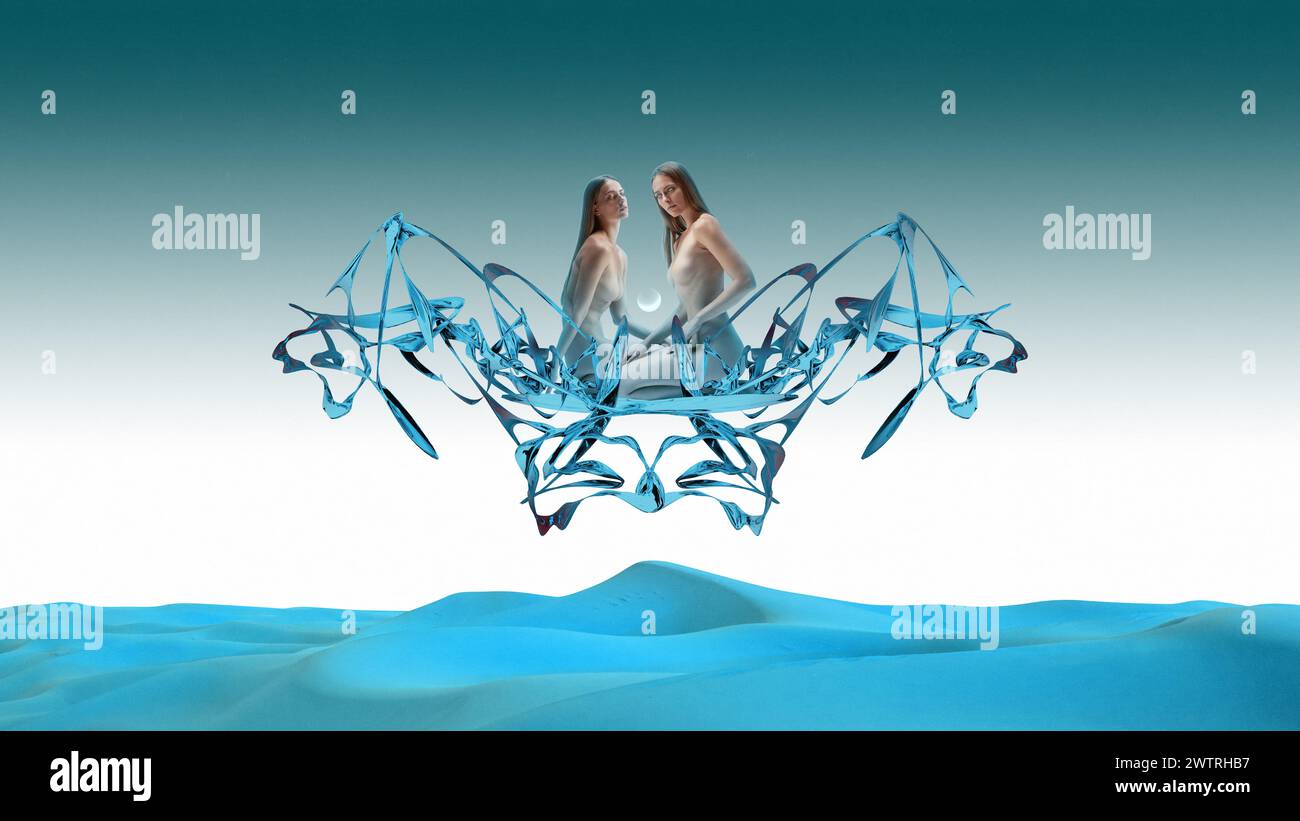 Two identical female figures mirrored with abstract shapes on desert ...