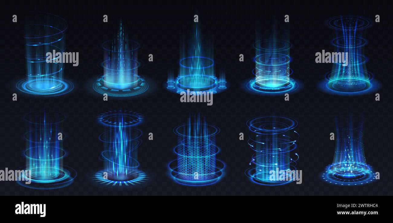 Blue glowing magic portals realistic vector illustration set. Video ...