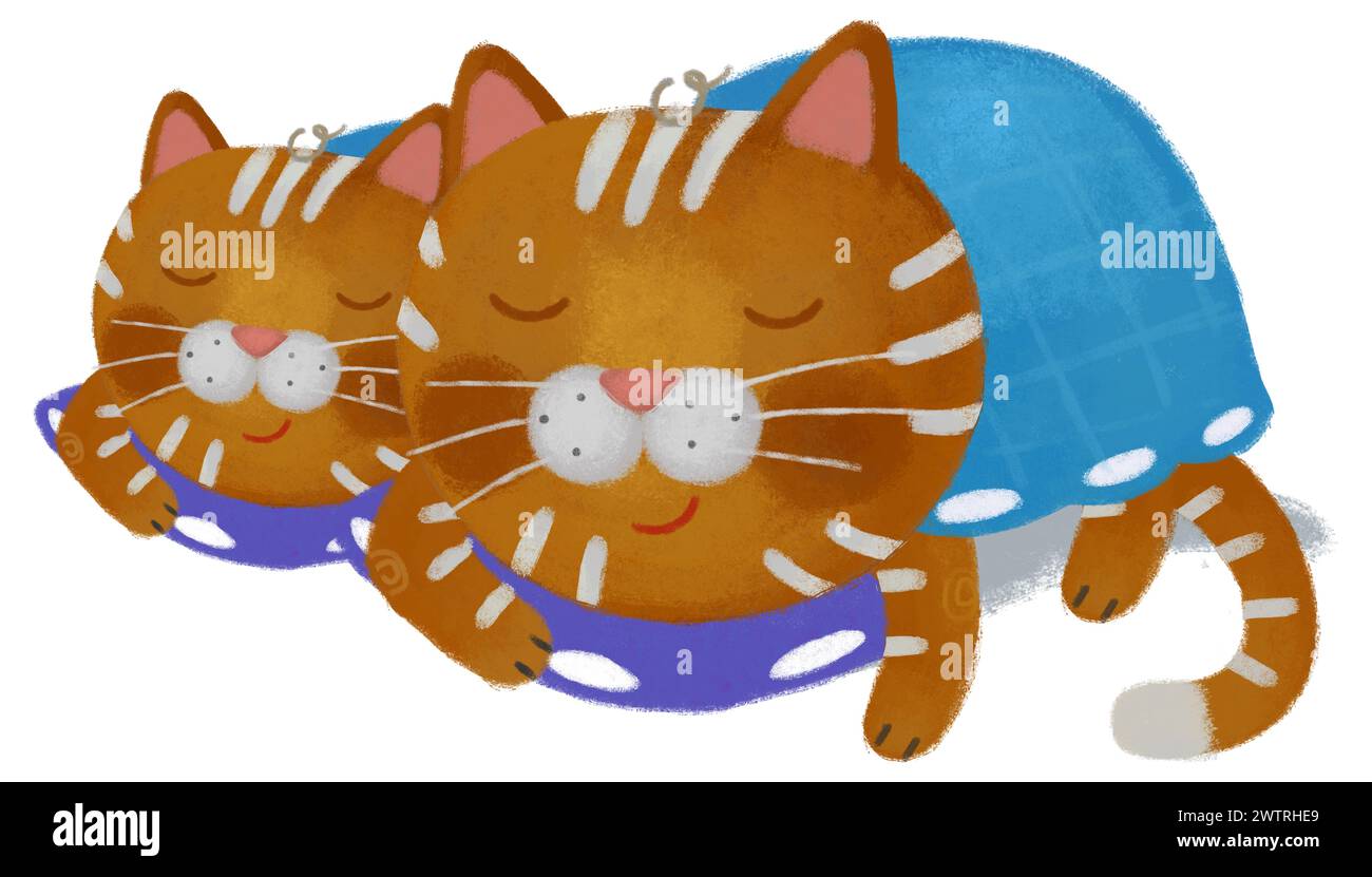 cartoon scene with happy cat kitty sleepig on the pillow with blanket ...