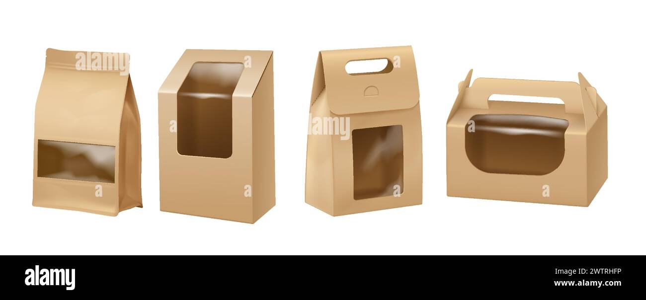 Paper packages with clear windows realistic vector illustration set ...