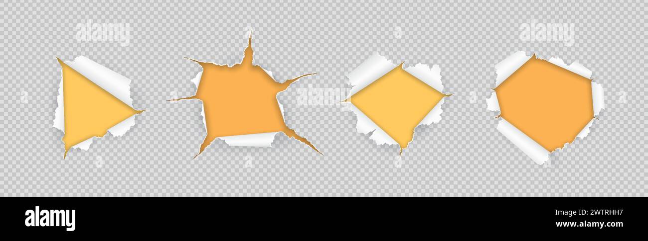 Irregular holes in torn papers over yellow realistic vector ...