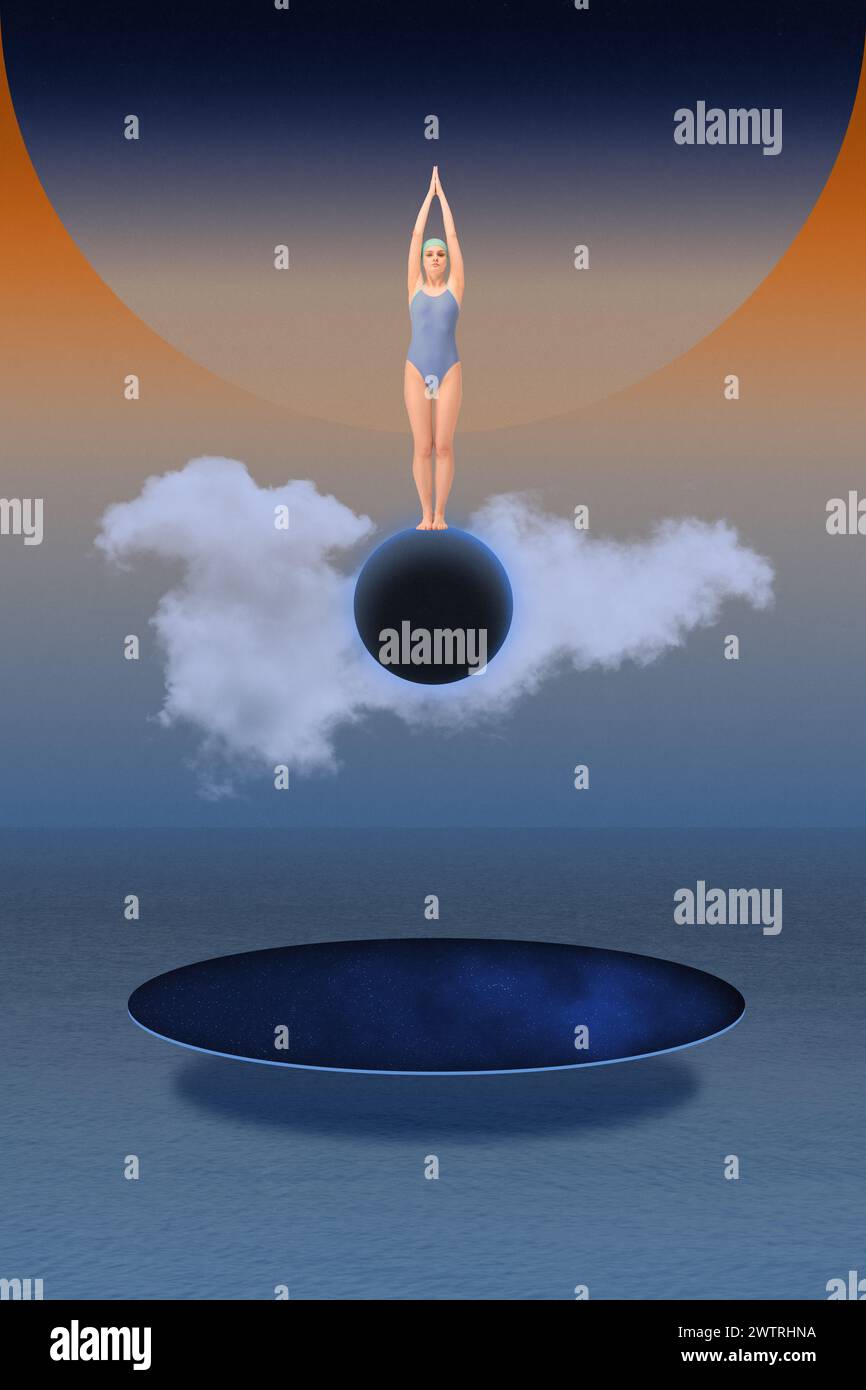 Woman in swimming suit standing in pose to swim atop sphere floating ...