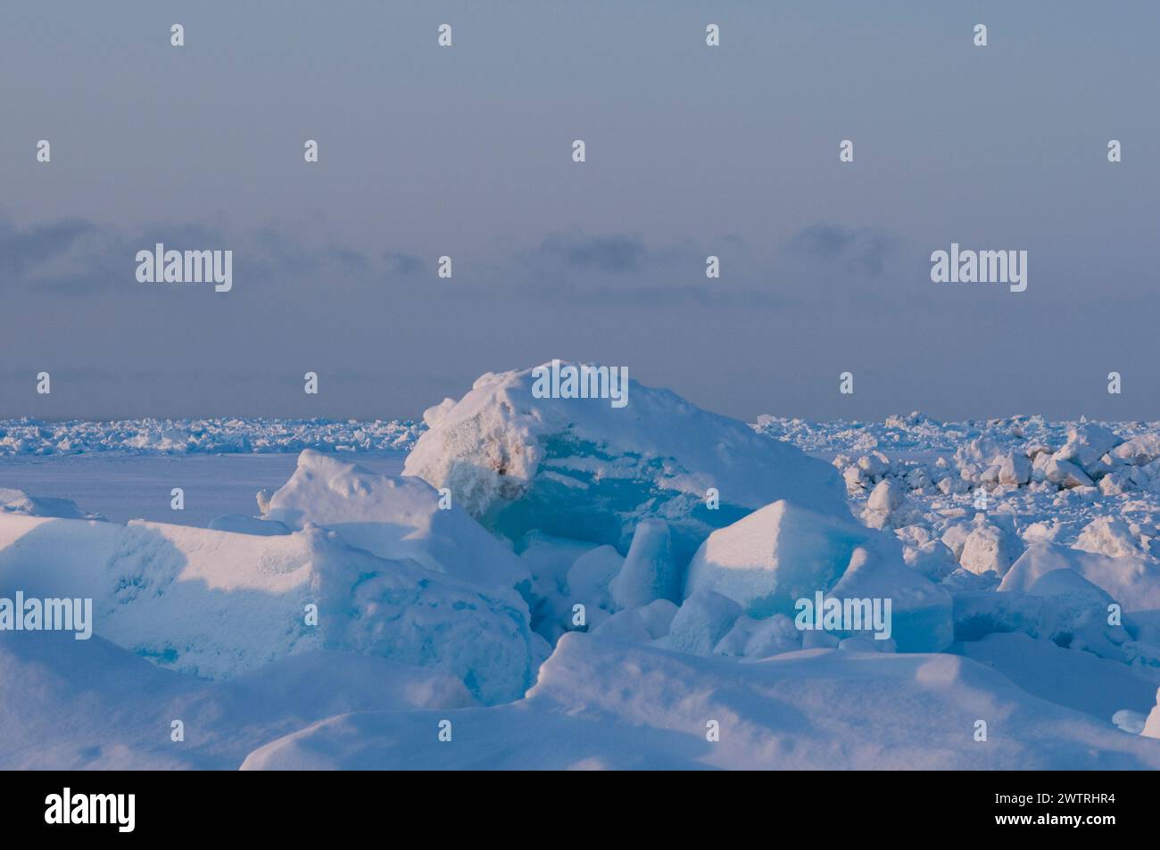 Seascape of rough pack ice over the Chukchi sea in springtime, off ...