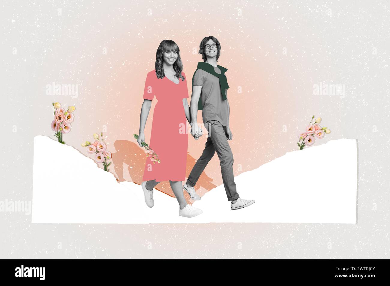 Full length body size collage of nice cheerful couple hold hands date ...