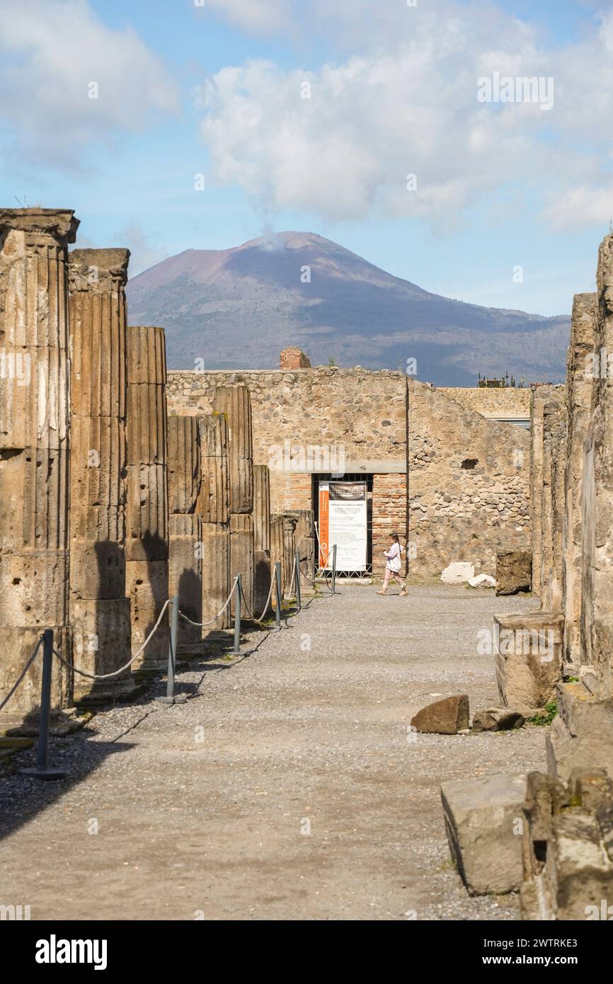Temple of Apollo in ancient roman city Pompeii, with Vesuvius Volcano in background, Naples ...